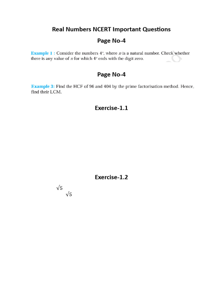 1.real Numbers NCERT Important Questions | PDF