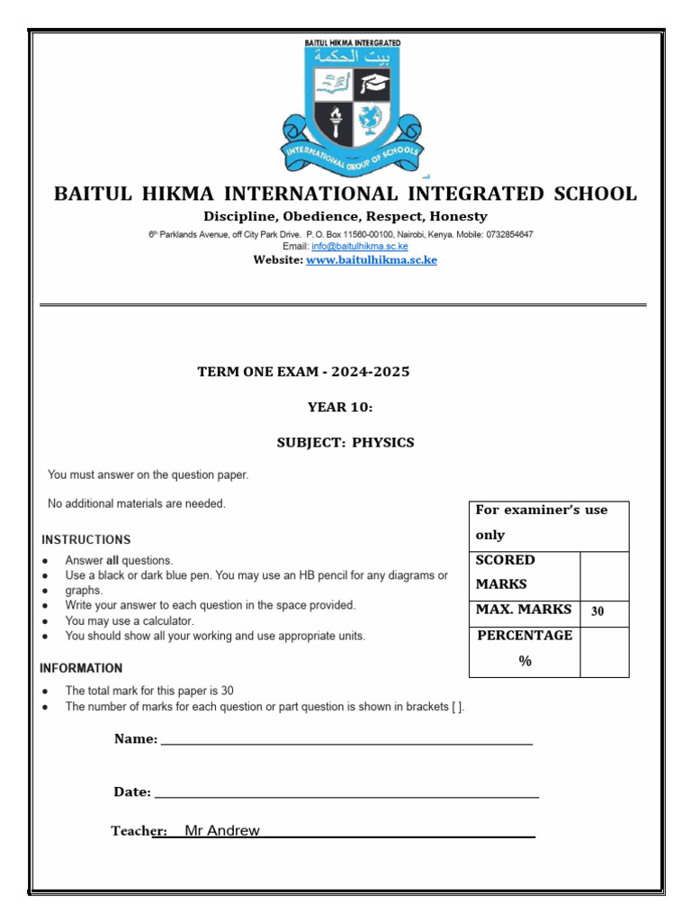 Year 10 Physics End-Term Exam | PDF | Force | Weight