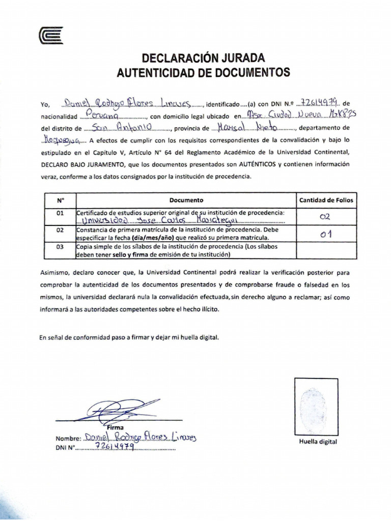 Declaración Jurada Autenticidad de Documentos | PDF
