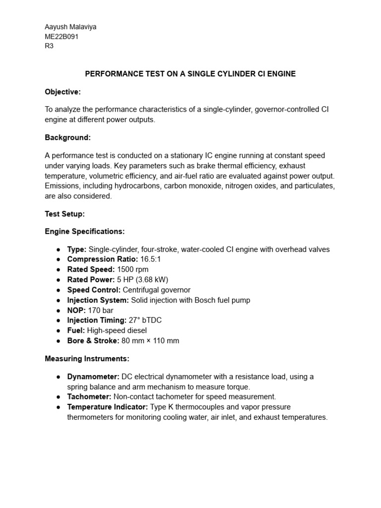 Performance Test On A Single Cylinder Ci Engine | PDF | Engines | Flow ...