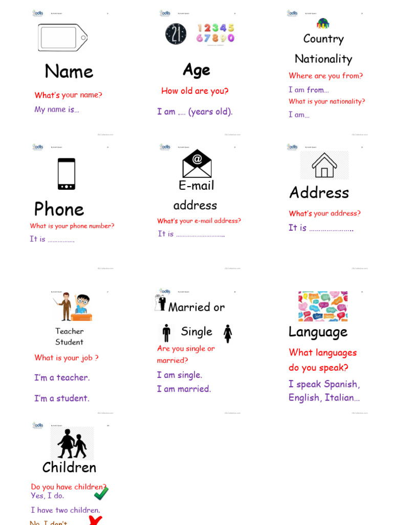 Personal Information Beginner Flash Cards | PDF