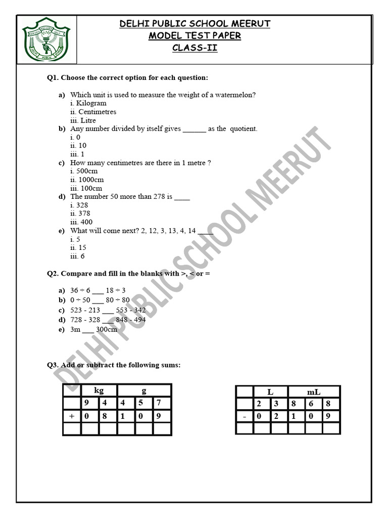 Class 2 Math Model Test Paper | PDF