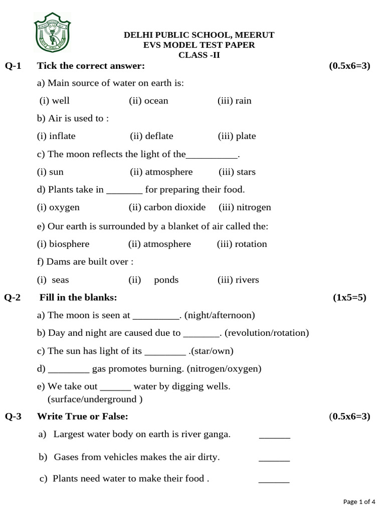 EVS Model Test Paper for Class II | PDF | Earth | Atmosphere Of Earth