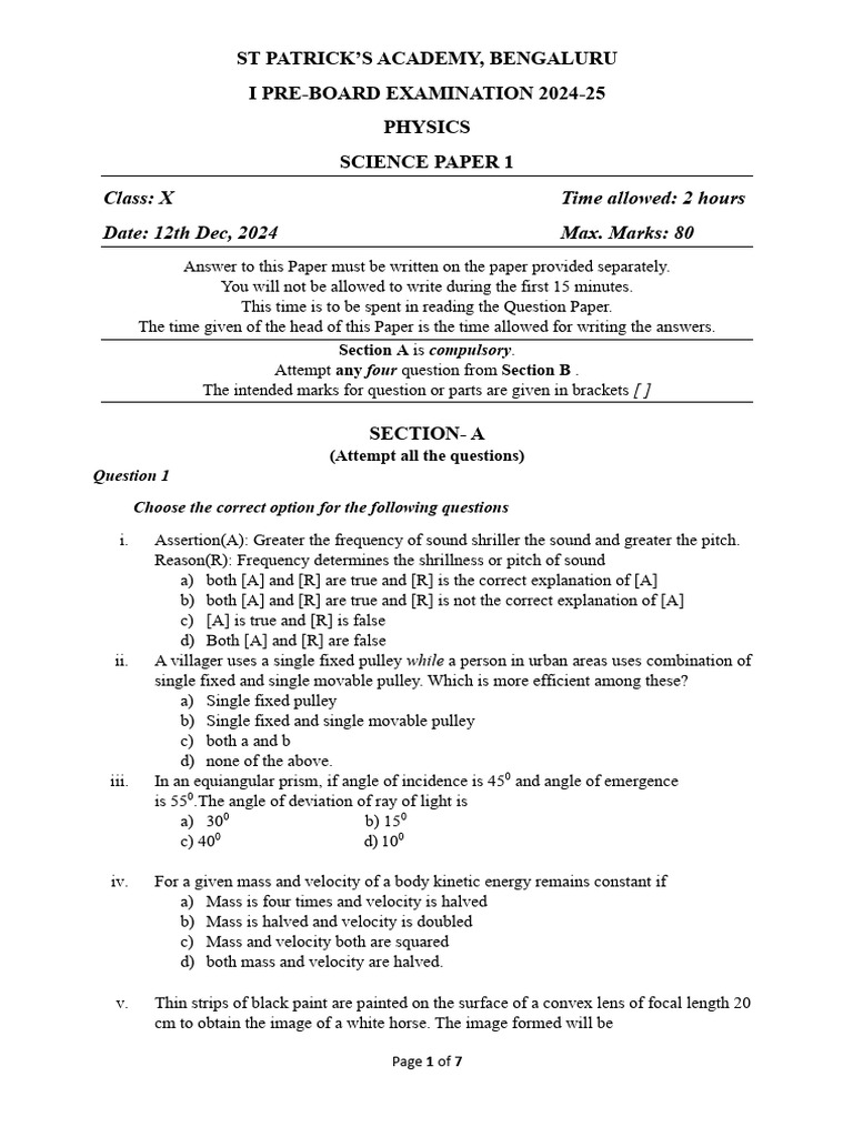 Class X- PHY- Pre Board examination-1 Final Copy-2024-25 | PDF | Atoms | Electron