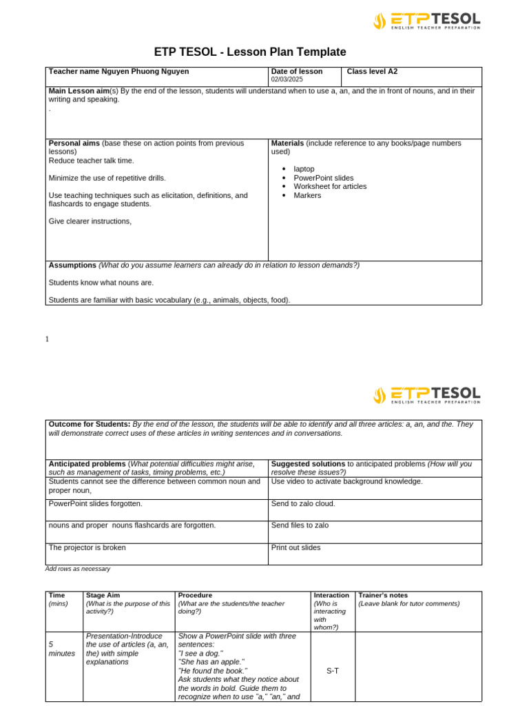 ETP TESOL - Lesson Plan Grammar | PDF | English As A Second Or Foreign ...