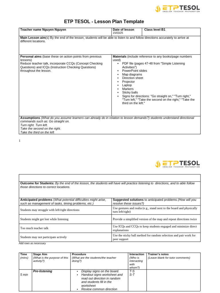 ETP TESOL - Lesson Plan Listening - 15 Minutes | PDF | Cognitive ...