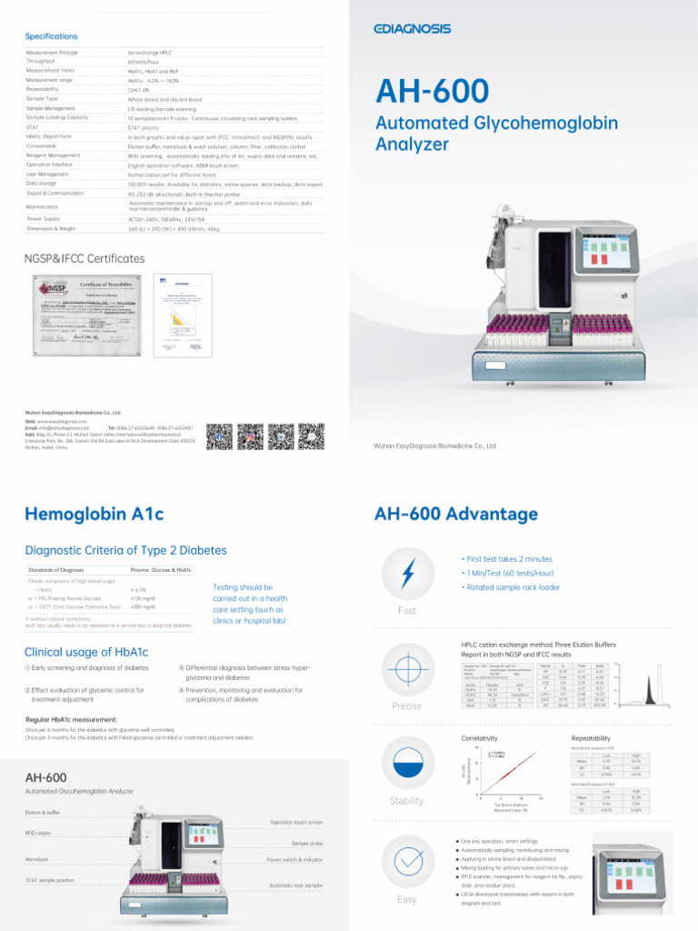 AH-600 - Automated Glycohemoglobin Analyzer - 1 | PDF