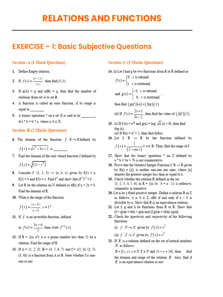 Basic Questions on Relations and Functions | PDF | Function ...