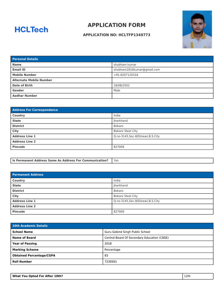 HCLTech Application Form Submission | PDF