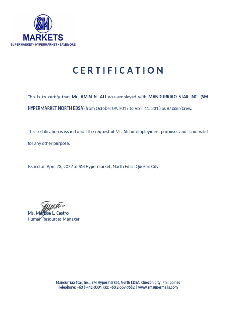 SM Hypermarket Certificate of Employment | PDF