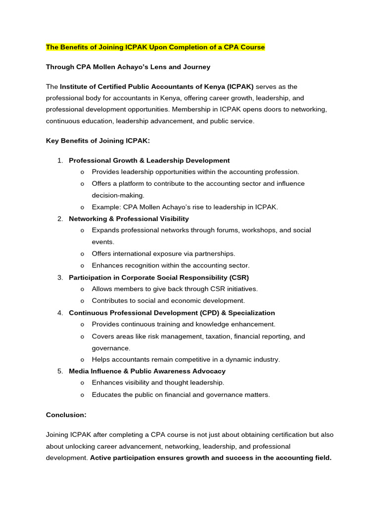 The Benefits of Joining ICPAK Upon Completion of A CPA Course | PDF | Professional Development ...