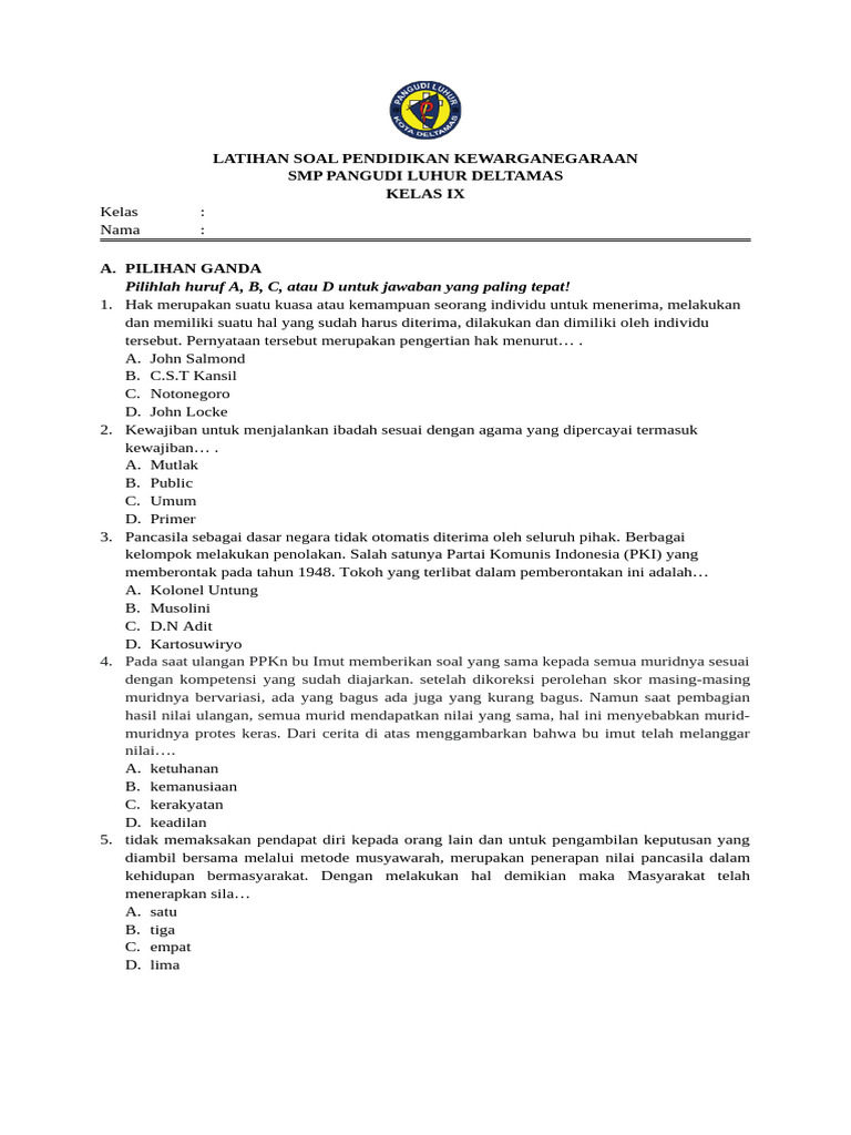 Latihan Soal PAS PPKN Gasal | PDF