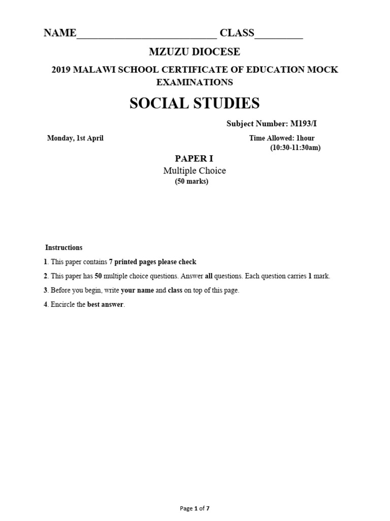 Malawi Social Studies Mock Exam 2019 | PDF | Employment | Taxes