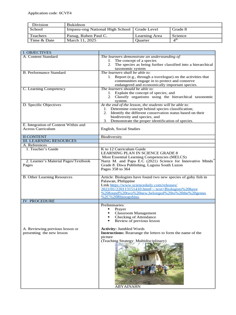 Lesson Plan G8 Biodiversity | PDF | Species | Taxonomy (Biology)