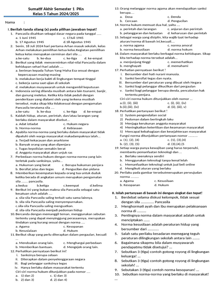 Soal Sumatif PKn kelas 5 | PDF