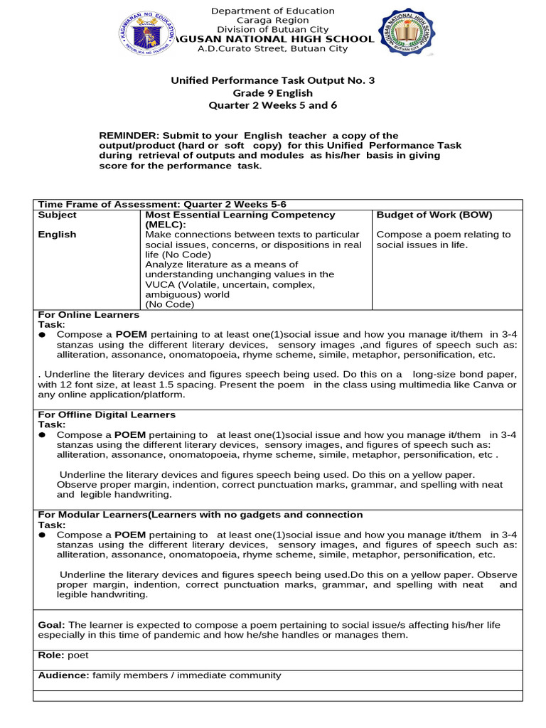 Unified Performance Task English 9 Q2 Weeks 5 and 6 | PDF | Poetry ...
