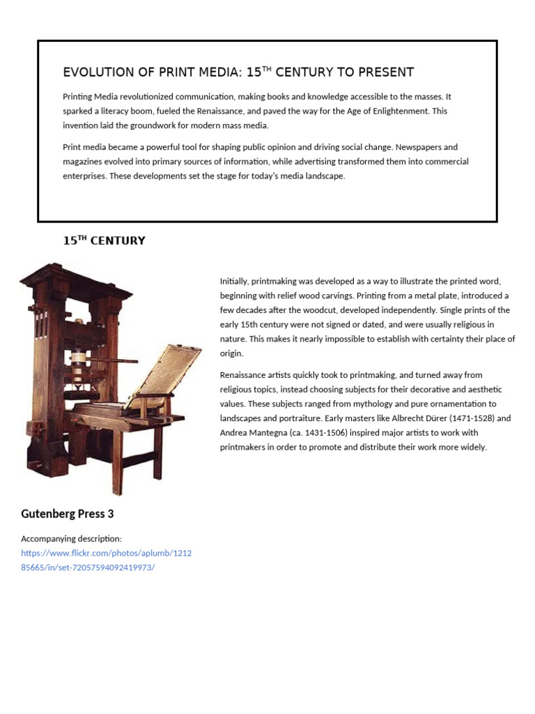 Evolution of Print Media History | PDF | Printing | Lithography
