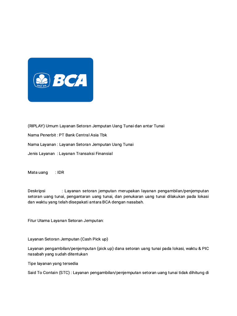 Layanan Setoran Jemputan Uang Tunai BCA | PDF