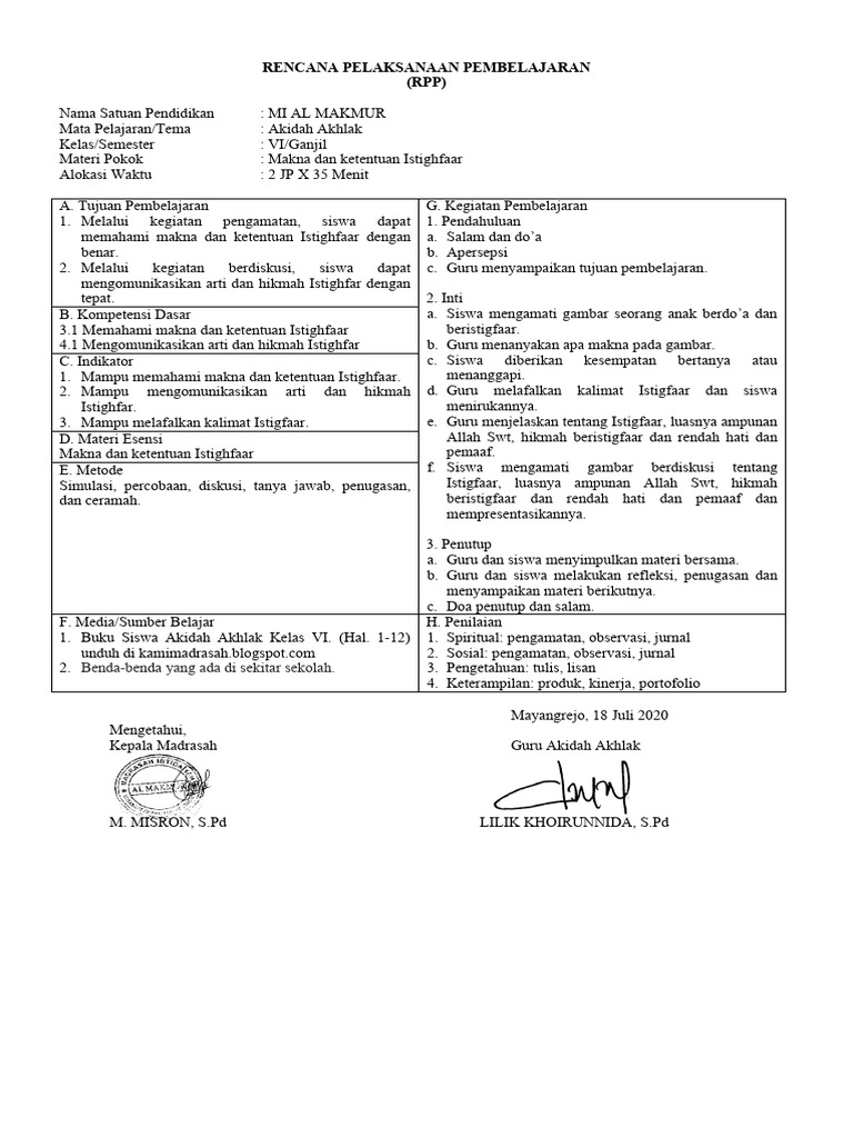 5.RPP Akidah Akhlak KLS 6 20-21 | PDF