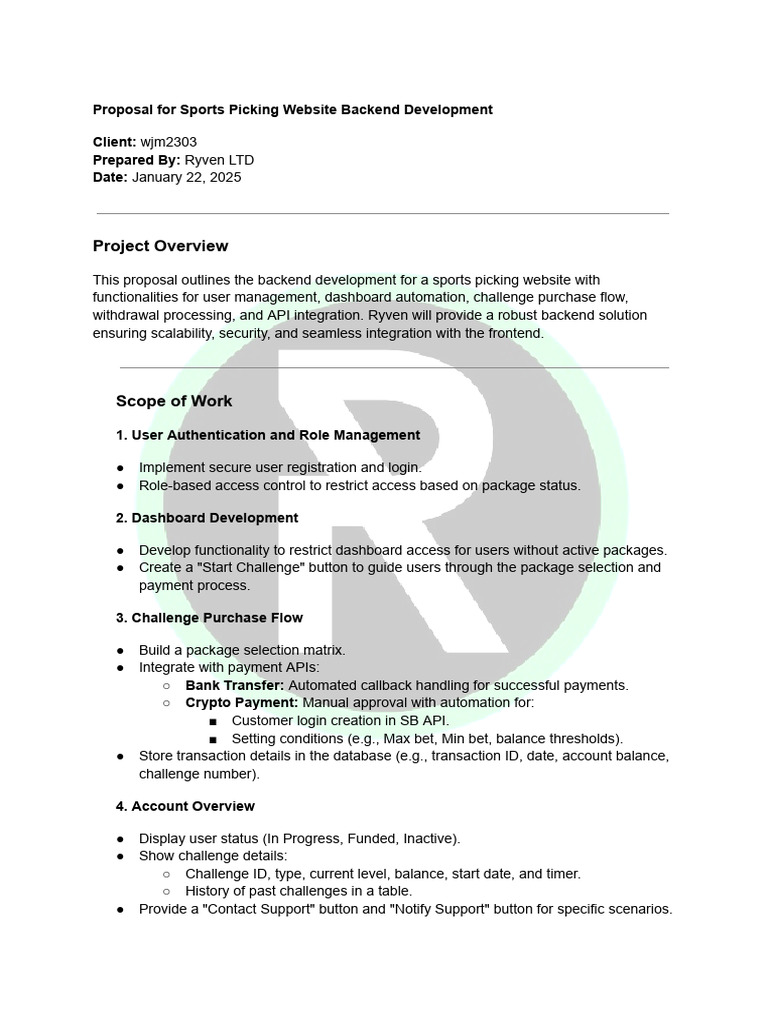 Proposal For Sports Picking Website Backend Development | PDF | Databases | Qr Code