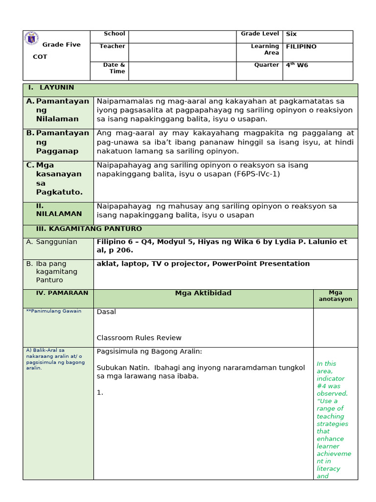 Fil 6 Q4 W6-Naipapahayag Ang Sariling Opinyon o Reaksiyon Sa Isang Napakinggang Balita Isyu o ...