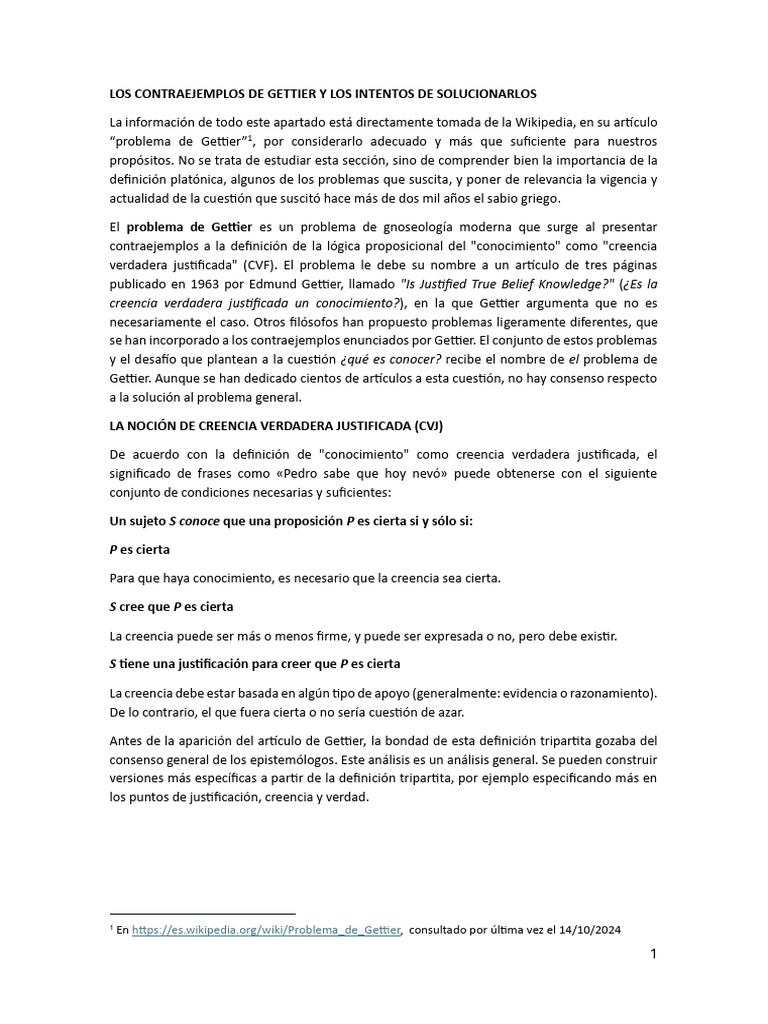 Problema de Gettier y sus contraejemplos | PDF | Epistemología