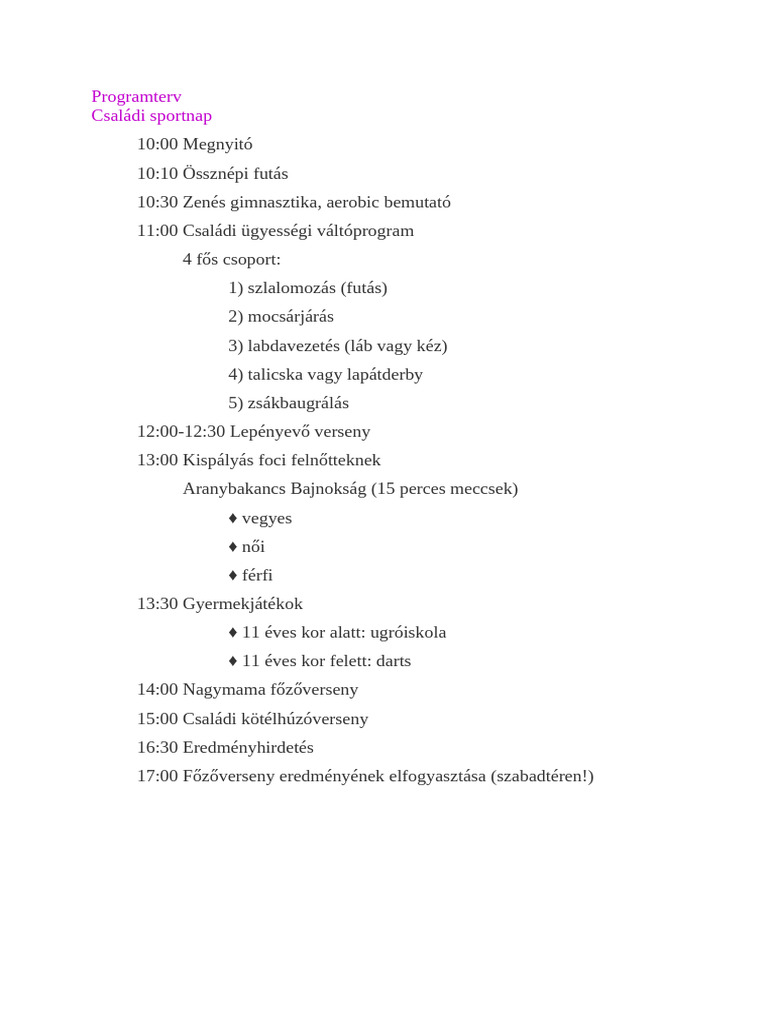 Programterv - Sportnap Minta | PDF