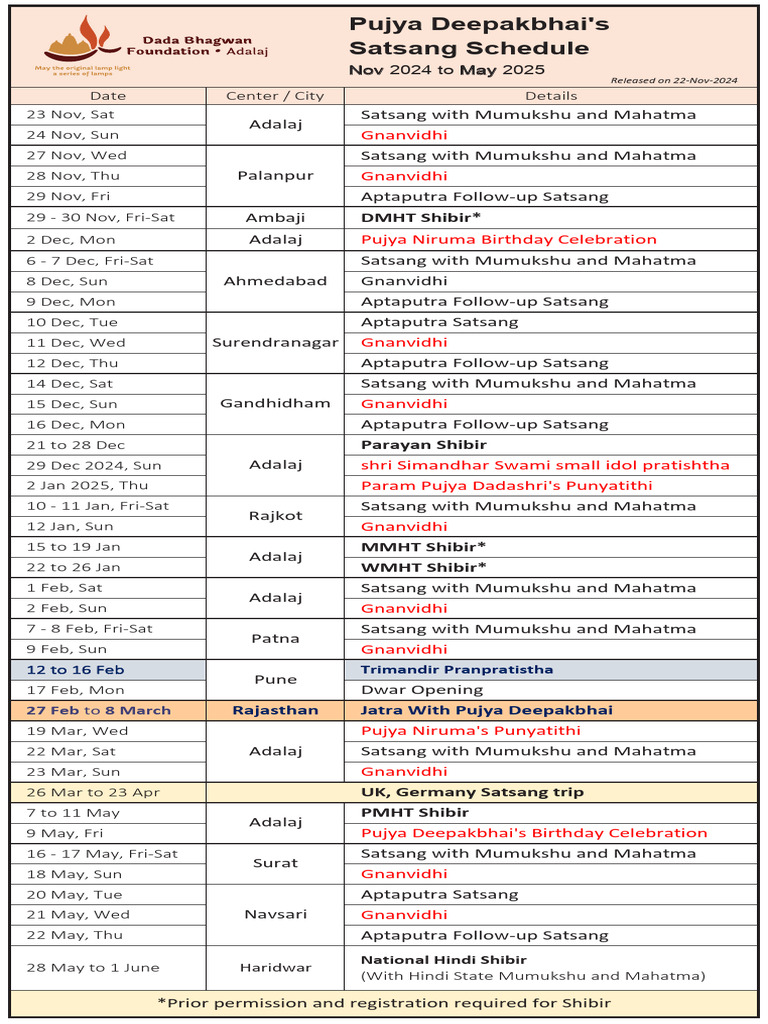 Pujya Deepakbhai Satsang Schedule 2024-2025 | PDF