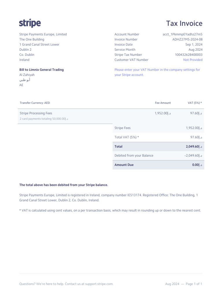 Stripe Tax Invoice for Aug 2024 | PDF | Invoice | Value Added Tax