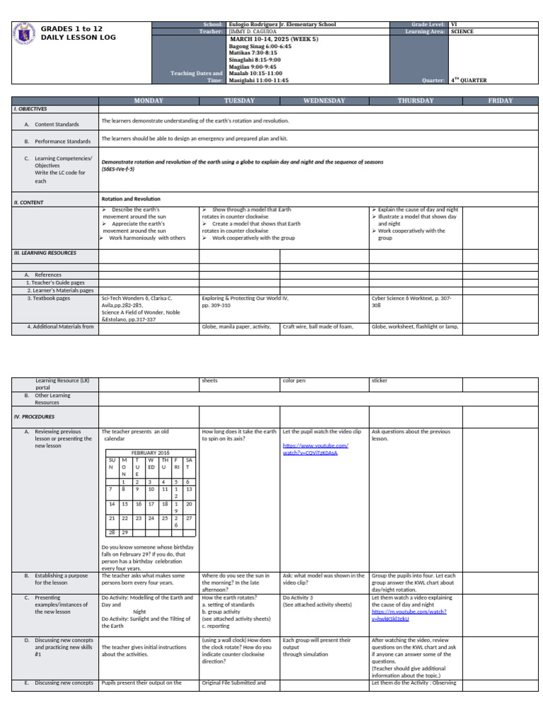 DLL - SCIENCE 6 - Q4 - W5 Jimmy | PDF | Night | Rotation