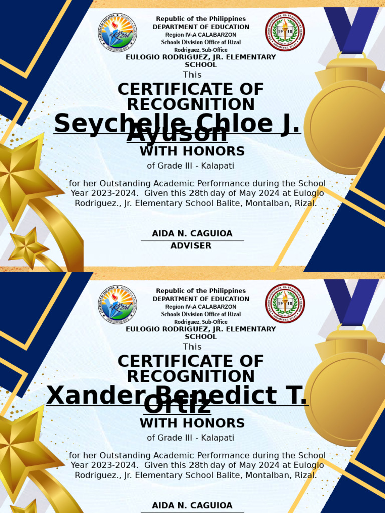 3RD Grading Certificate With Honors and Achievers | PDF | Philippines