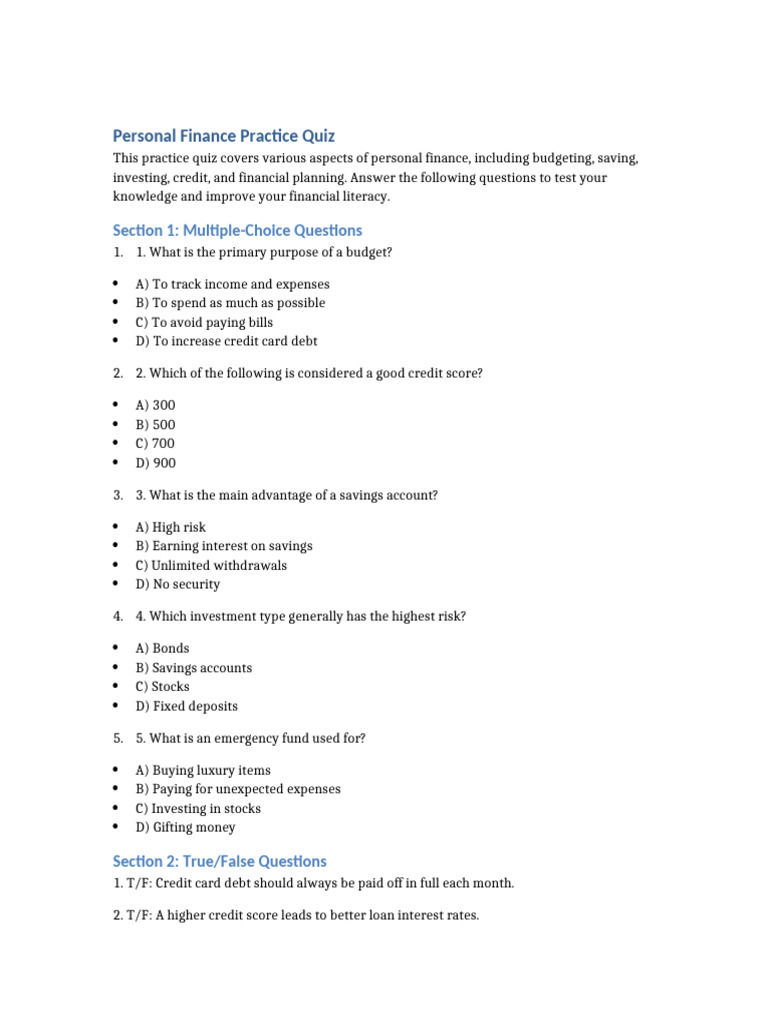 Personal Finance Practice Quiz | PDF