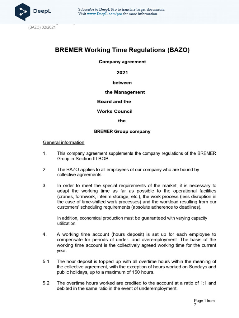 BREMER Arbeitszeitordnung (BAZO) 02-2021 (1) en | PDF | Employment ...