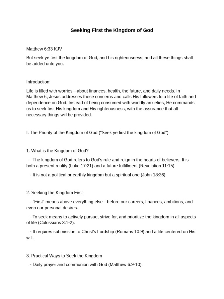 Seeking First The Kingdom of God | PDF | Gospel Of Matthew | Kingship ...