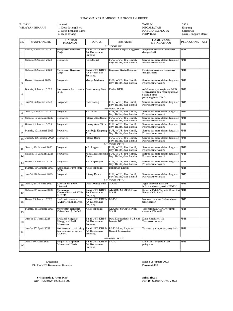 Rencana Kerja Mingguan 2023 | PDF