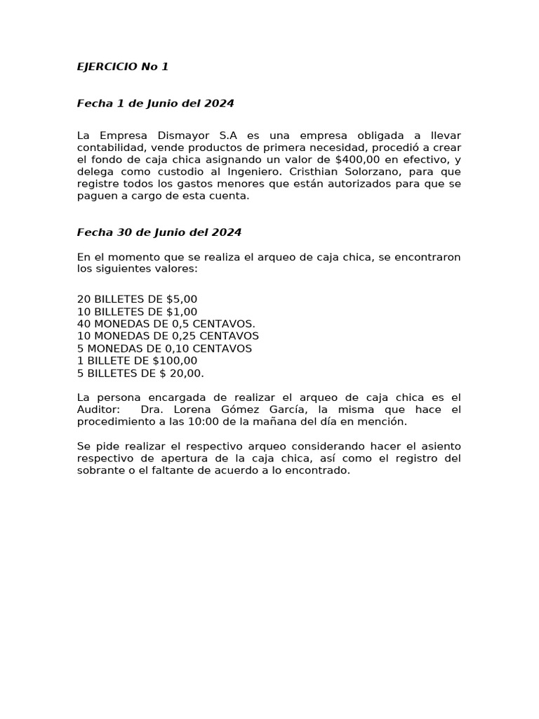 EJERCICIO DE ARQUEO DE CAJA CHICA-7 de Noviembre Del 2024 | PDF ...