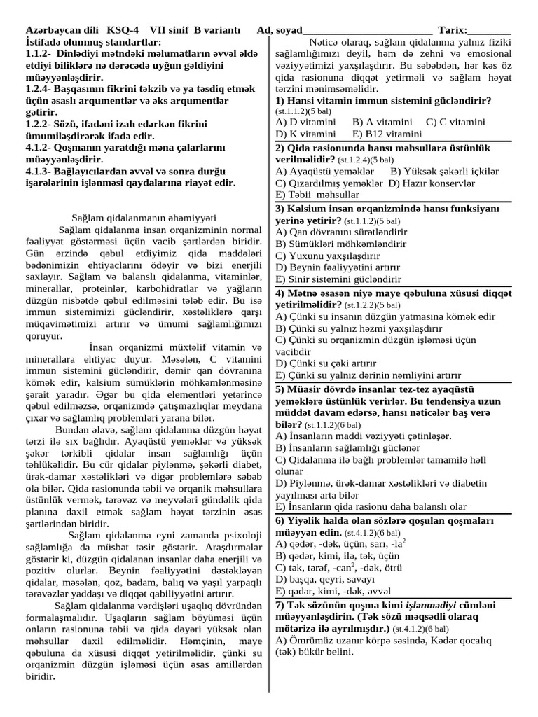 7-Ci Sinif Azərbaycan Dili KSQ-4 B Variantı Adi Sinif | PDF