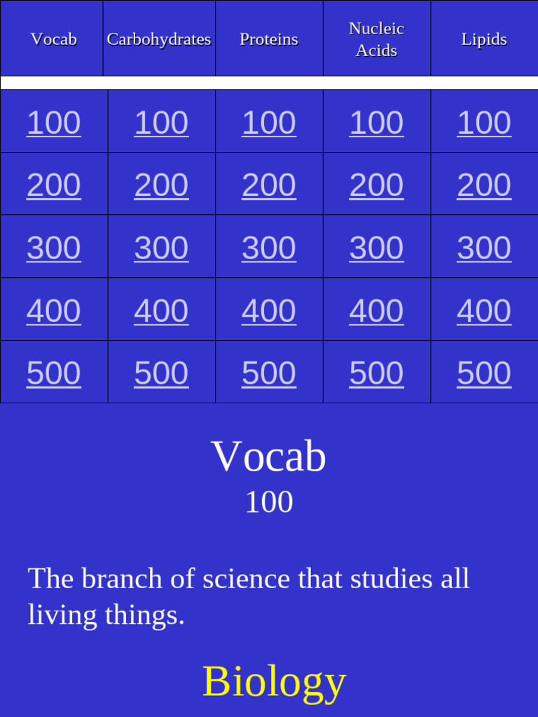 Biomolecules Jeopardy | PDF | Nucleic Acids | Carbohydrates