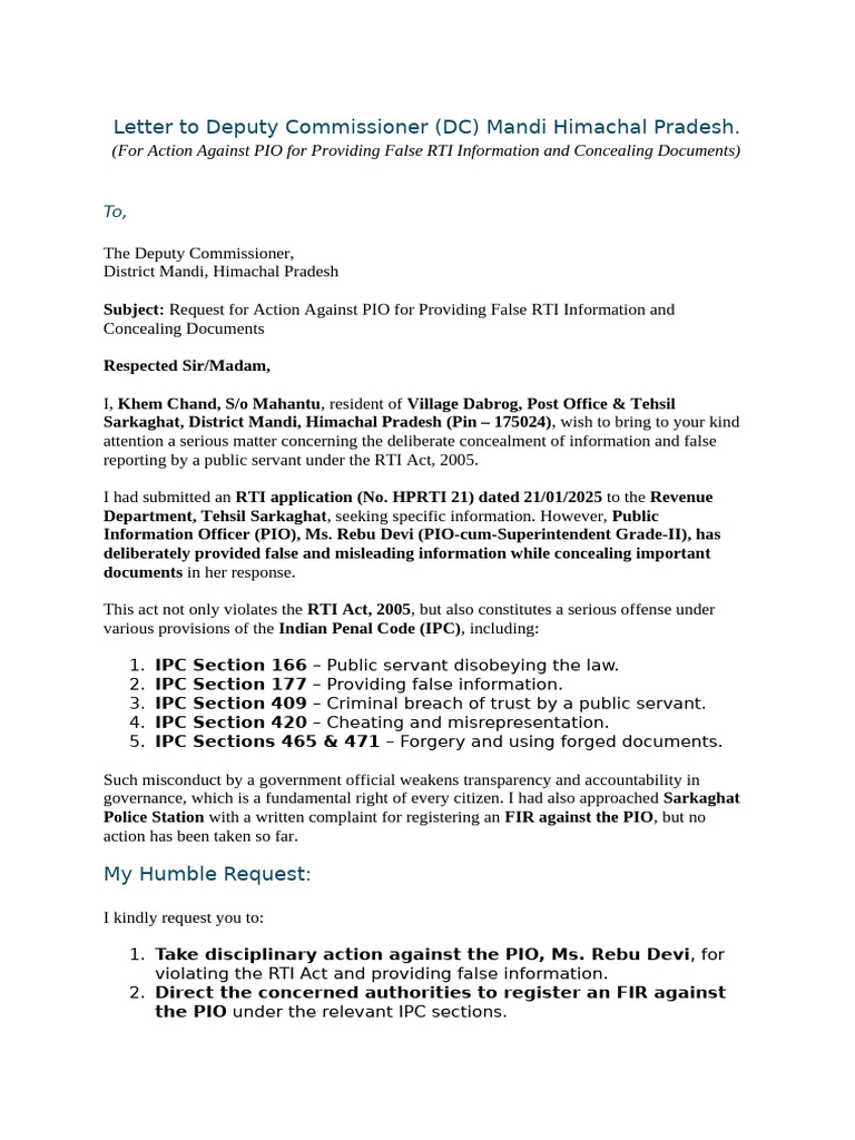RTI Complaint Letter to Deputy Commissioner | PDF | Common Law | Government