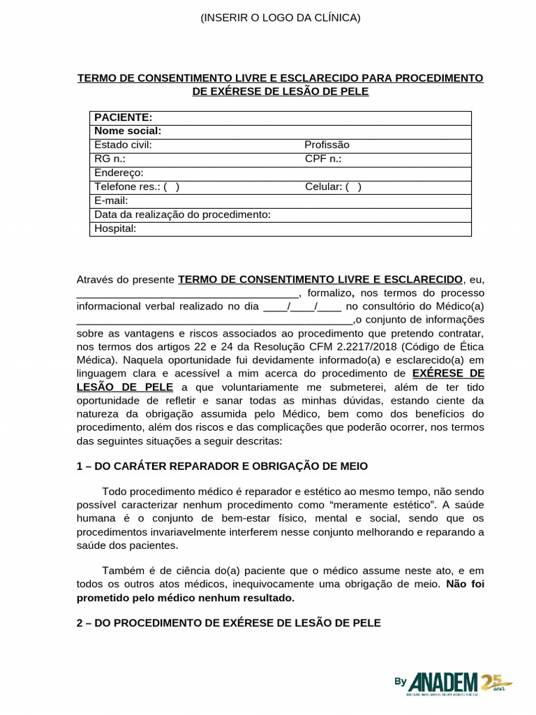 Consentimento para Exérese de Lesão de Pele | PDF | Câncer | Câncer de pele