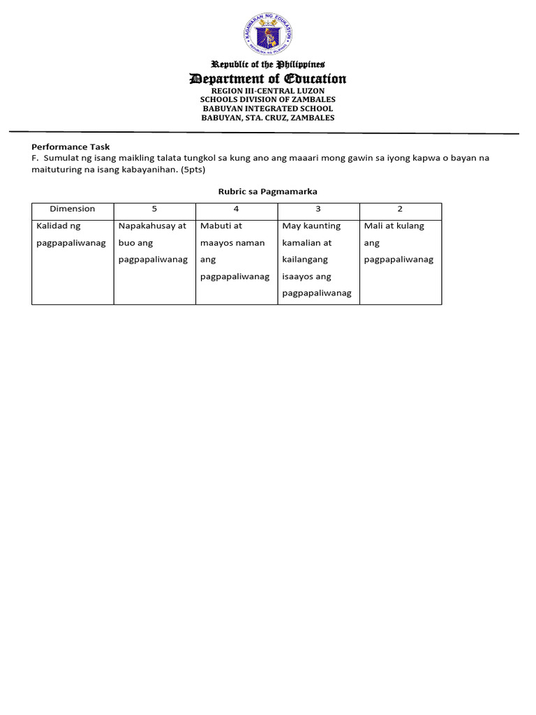 Department of Education: Performance Task | PDF