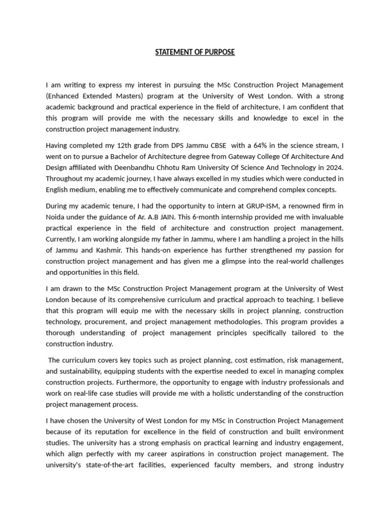 SOP Master's in Construction Project Management From The University of ...