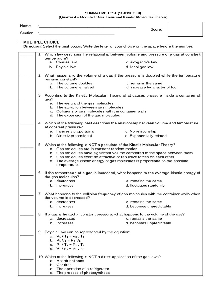 Gas Laws Test for Science 10 Students | PDF | Gases | Temperature