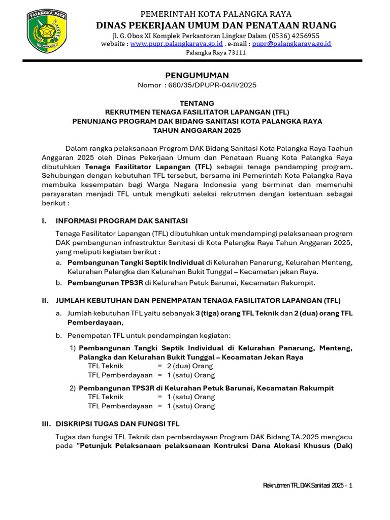Pengumuman Rekrutmen TFL Dak Sanitasi 2025 | PDF