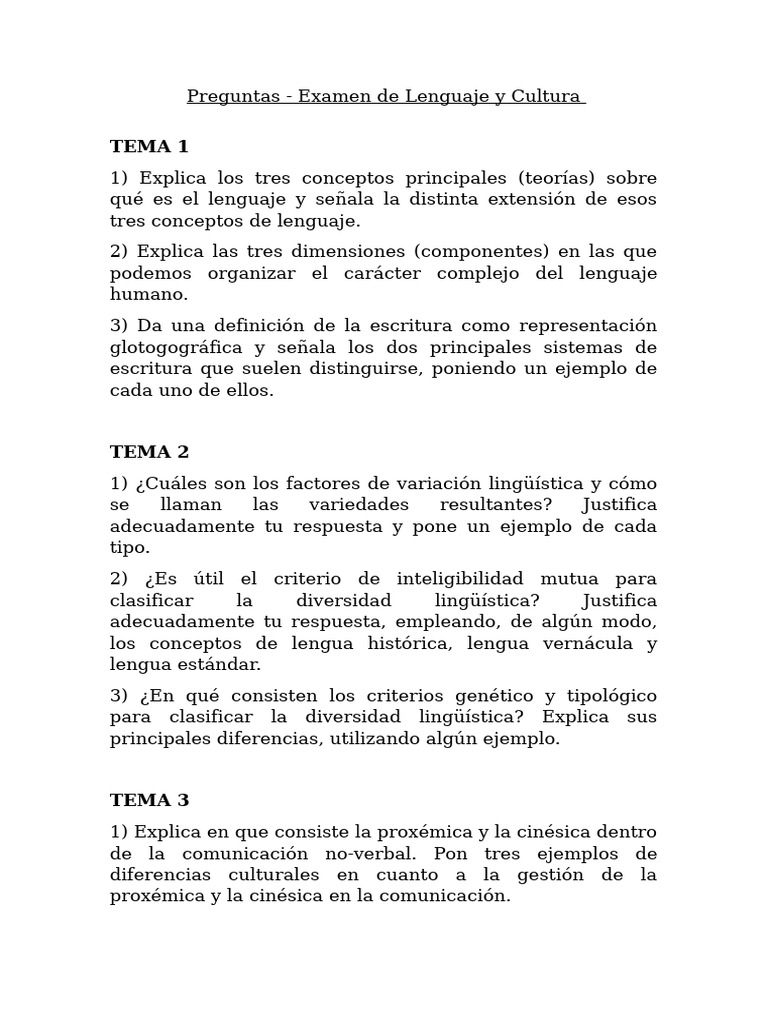 Examen de Lenguaje y Cultura: Preguntas Clave | PDF | Lingüística ...