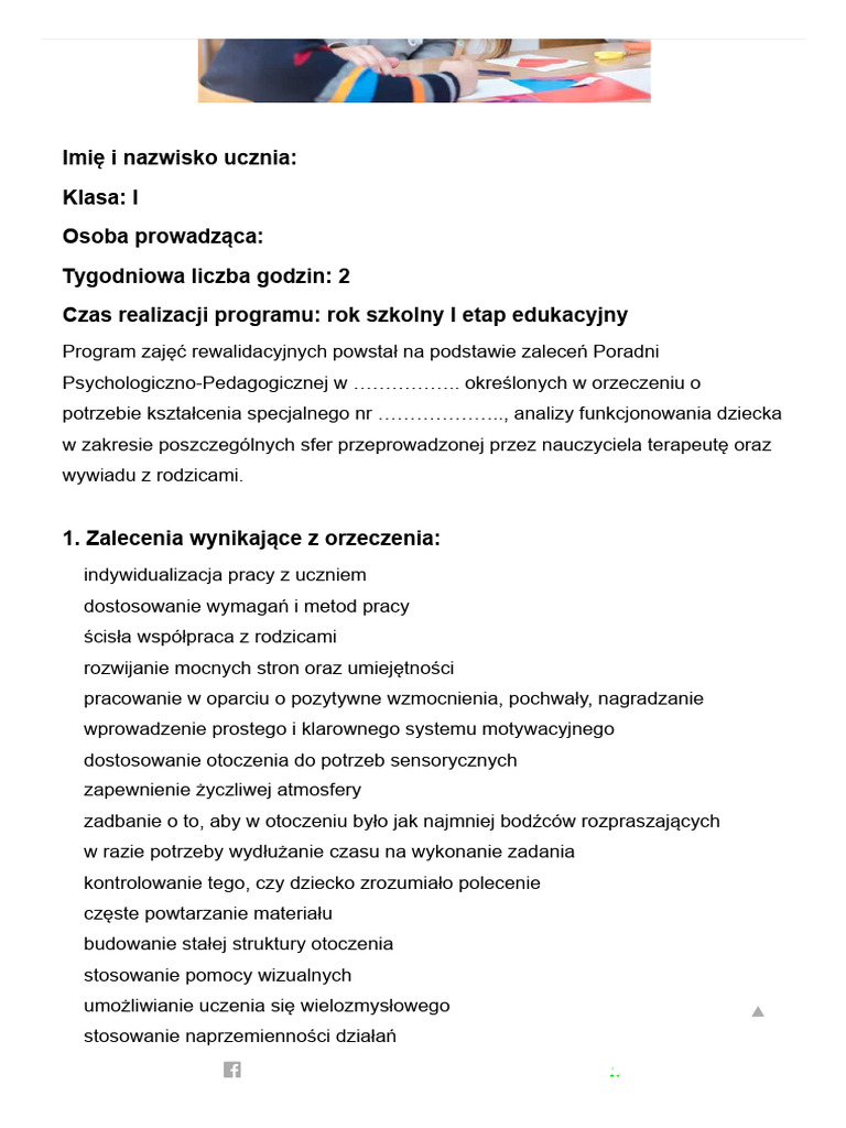 Program Zajęć Rewalidacyjnych Dla Ucznia Z Autyzmem | PDF
