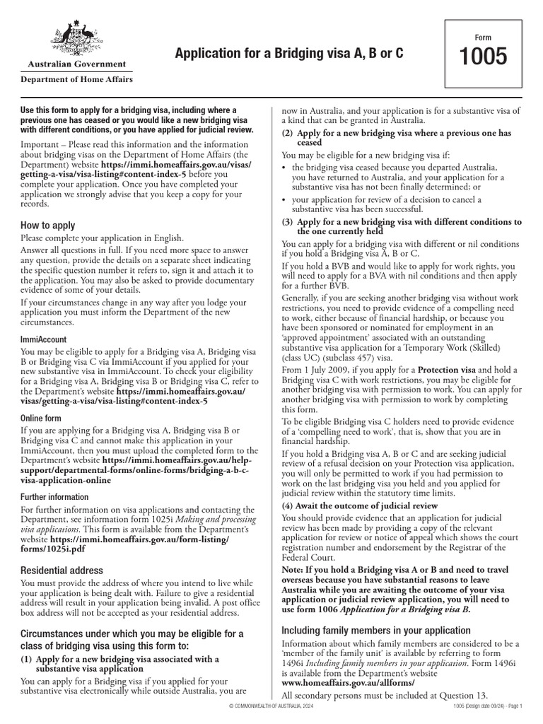 Bridging Visa Application Form 1005 | PDF | Travel Visa | Passport