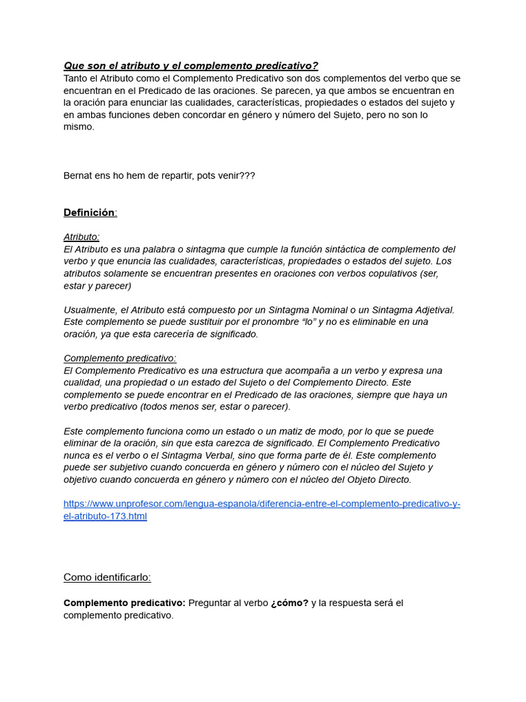 Atributo y Complemento Predicativo | PDF | Asunto (gramática) | Predicado (Gramática)