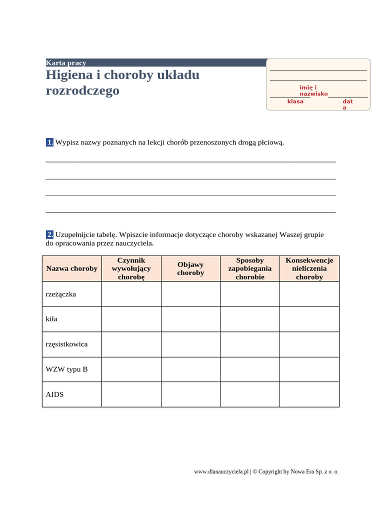 higiena-i-choroby-ukladu-rozrodczego-karta-pracy | PDF
