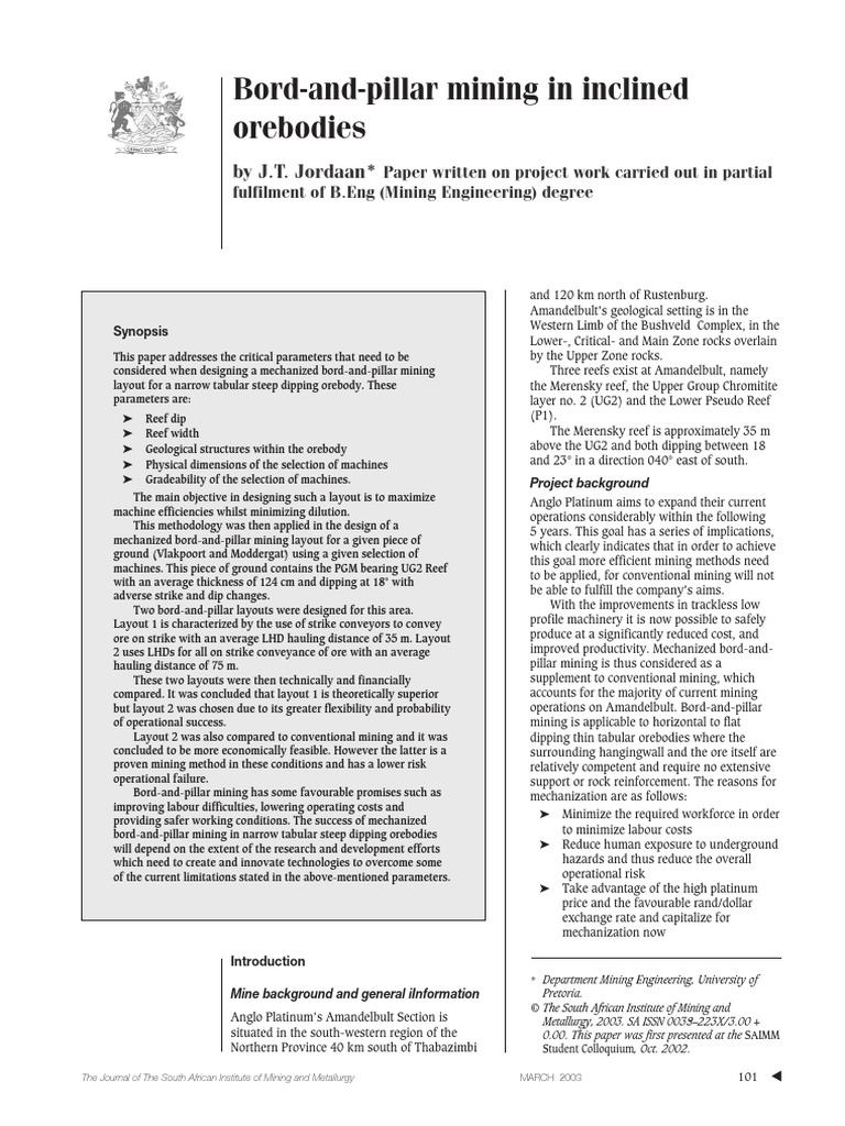 Bord-&-Pillar Mining in Inclined Orebodies | PDF | Mining | Drill